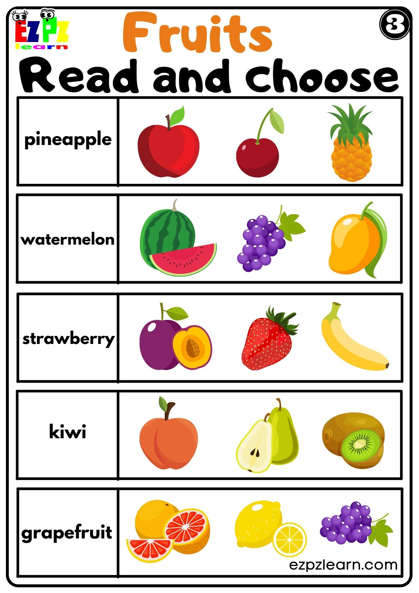 Fruits Read and Choose Worksheet Set 3 for K5 Kindergarten and ESL Free PDF Download - Ezpzlearn.com